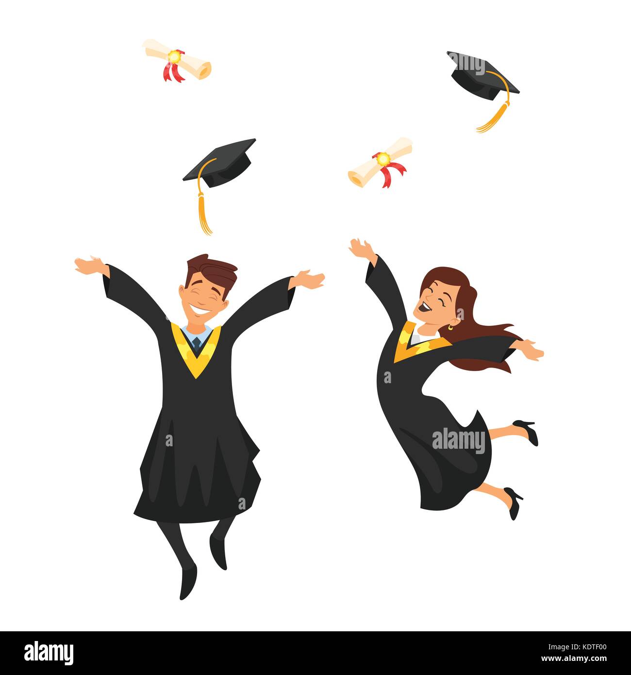Vector cartoon style characters young graduates man and woman jump from ...