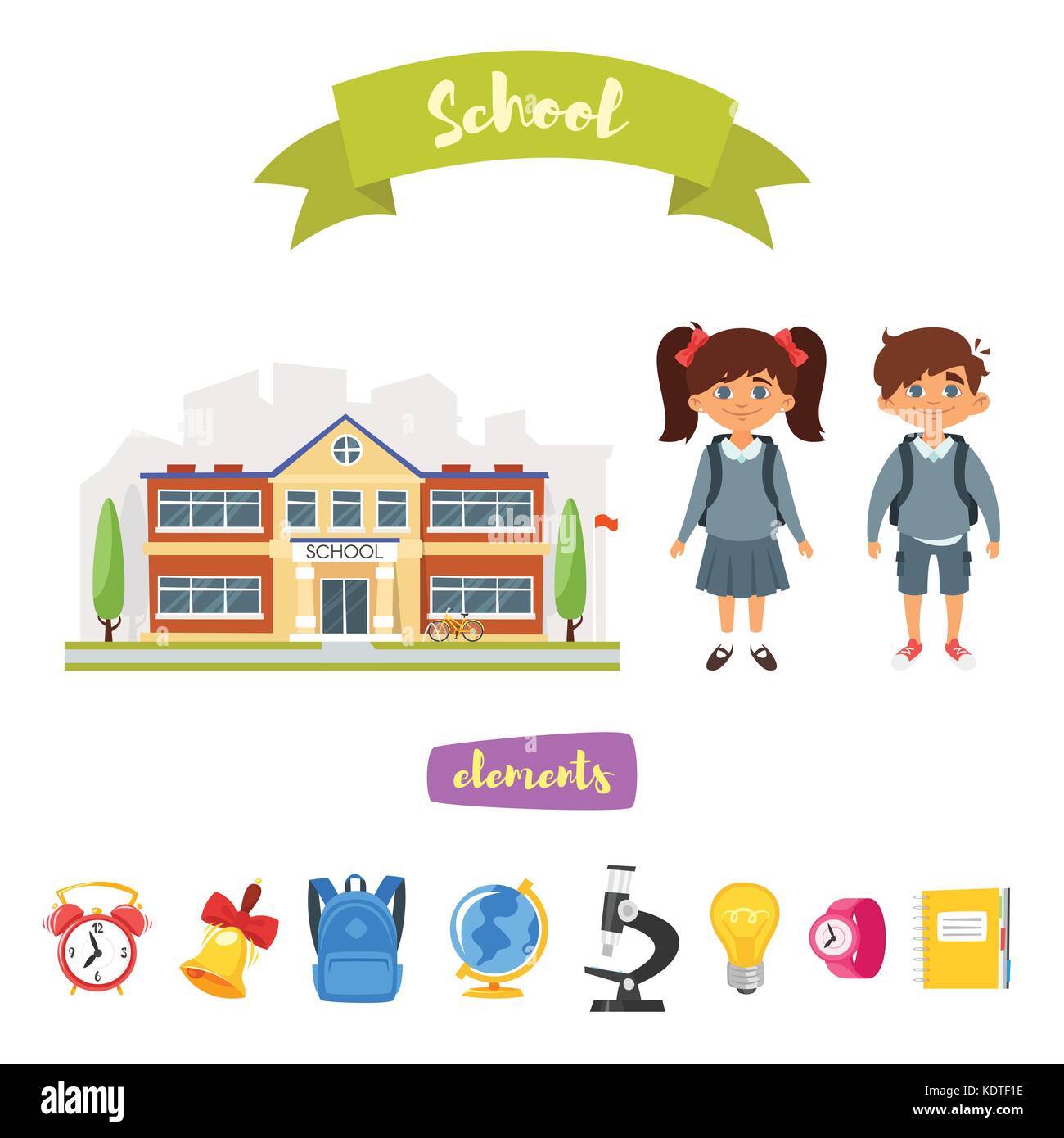 Vector cartoon style set of school icon, building and characters cute ...