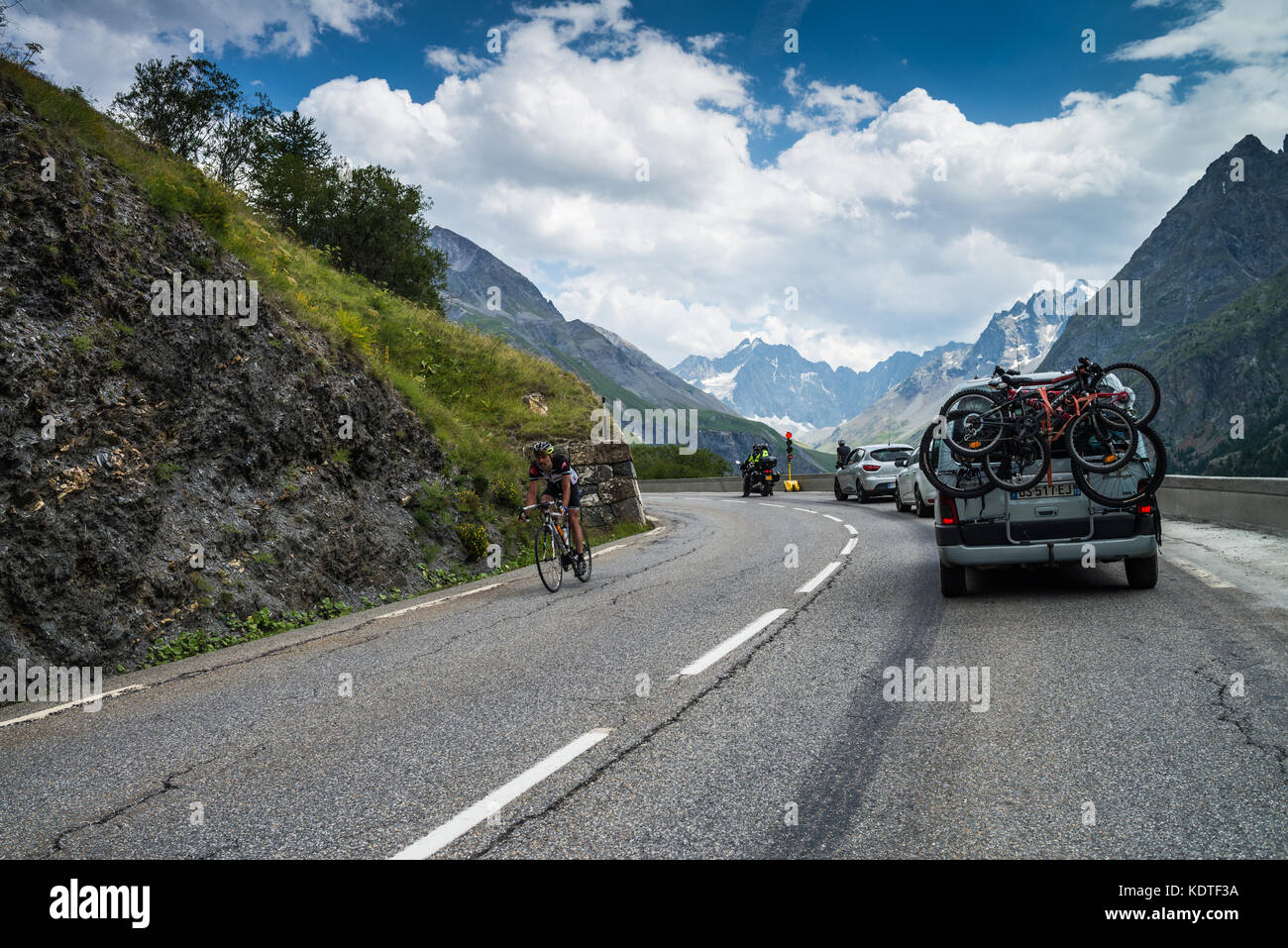 cyclist on the road near of the La Grave, Alps, France, Europe Stock ...