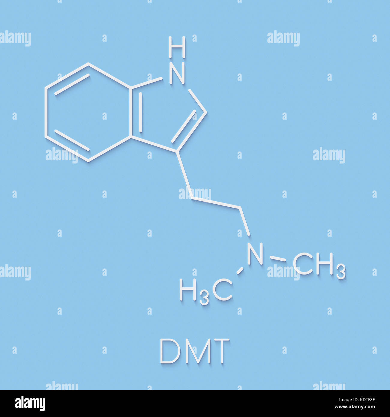 Dimethyltryptamine (DMT) psychedelic drug molecule. Present in the drink ayahuasca. Skeletal ...