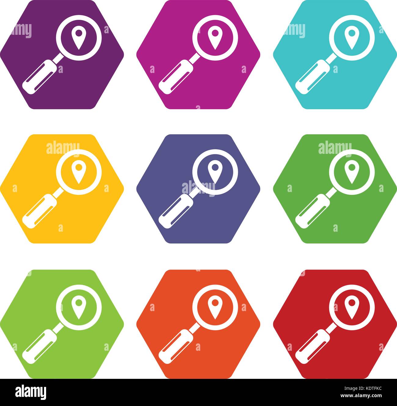 Magnifying glass and location icon set color hexahedron Stock Vector ...
