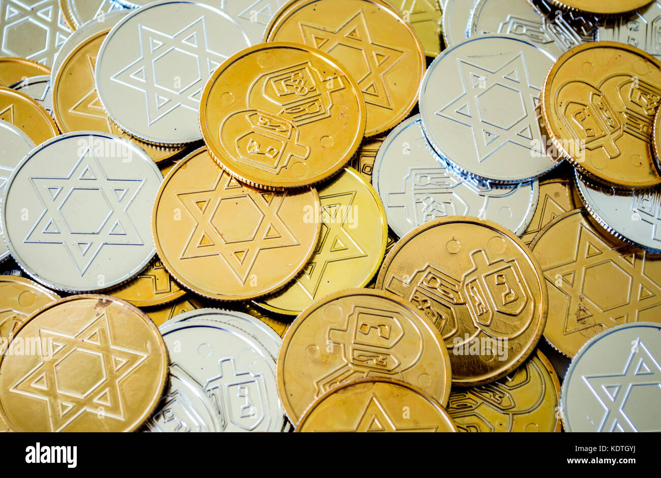 background texture close up of colorful Hanukkah coins Stock Photo - Alamy