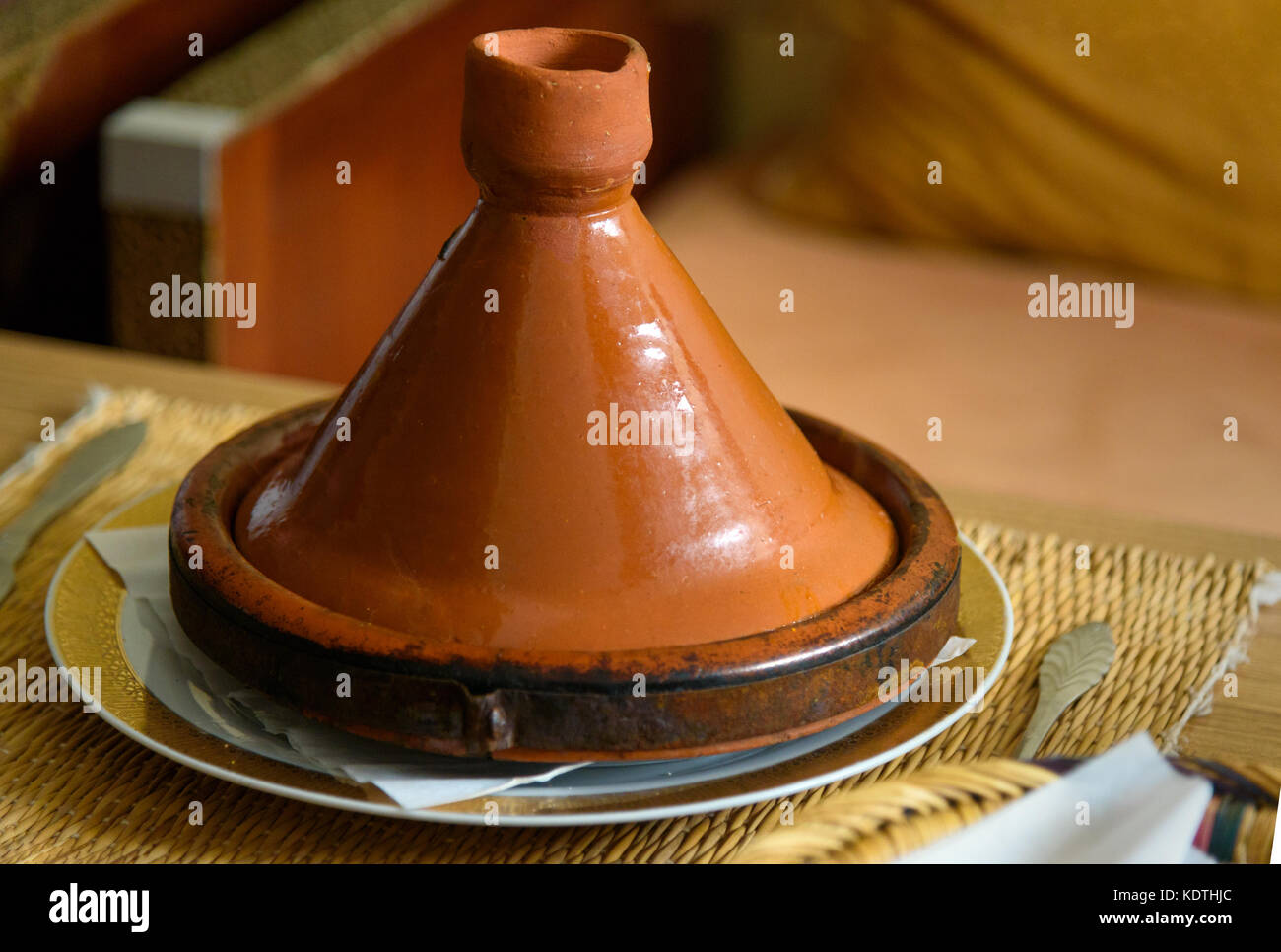Tagin on the table in Morocco. Traditional Moroccan ceramic tajine dish ...