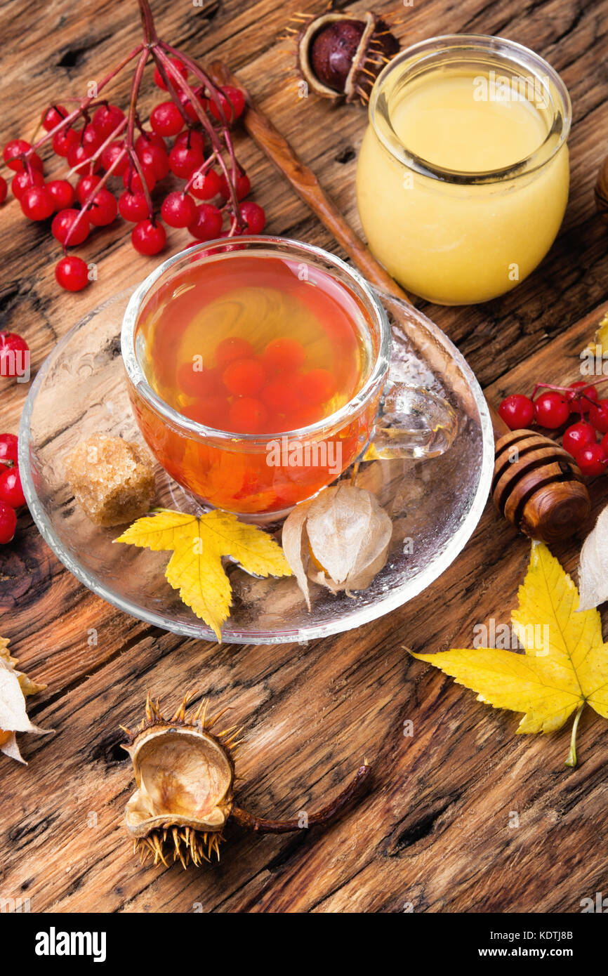 cup of berry tea with a mulberry on background with autumn leaves Stock ...