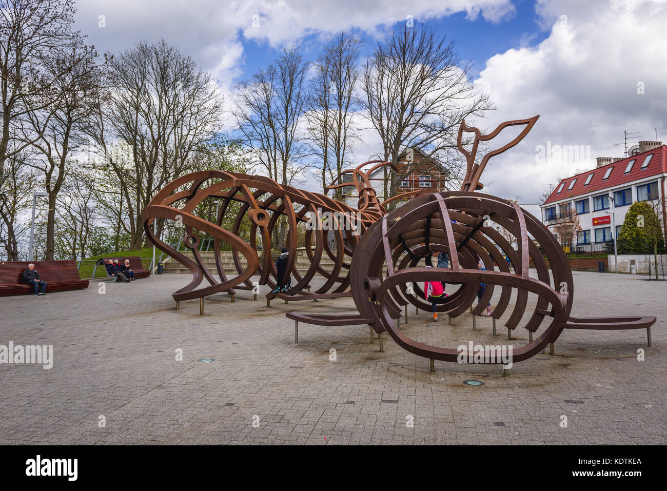 Whale sculptures on Whale Square in Rewal town over Baltic Sea, West ...