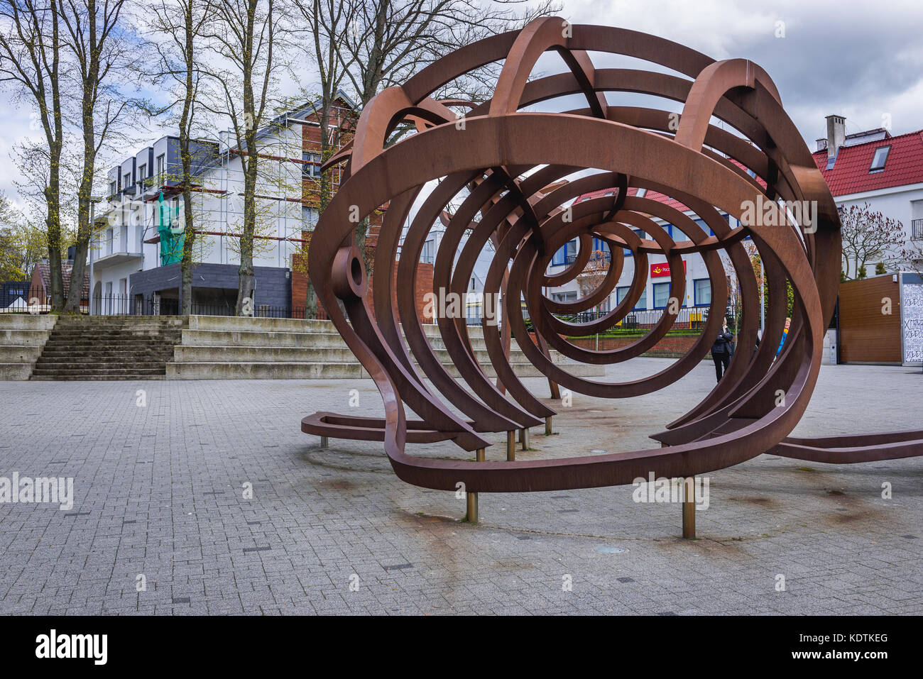 Whale sculptures on Whale Square in Rewal town over Baltic Sea, West ...
