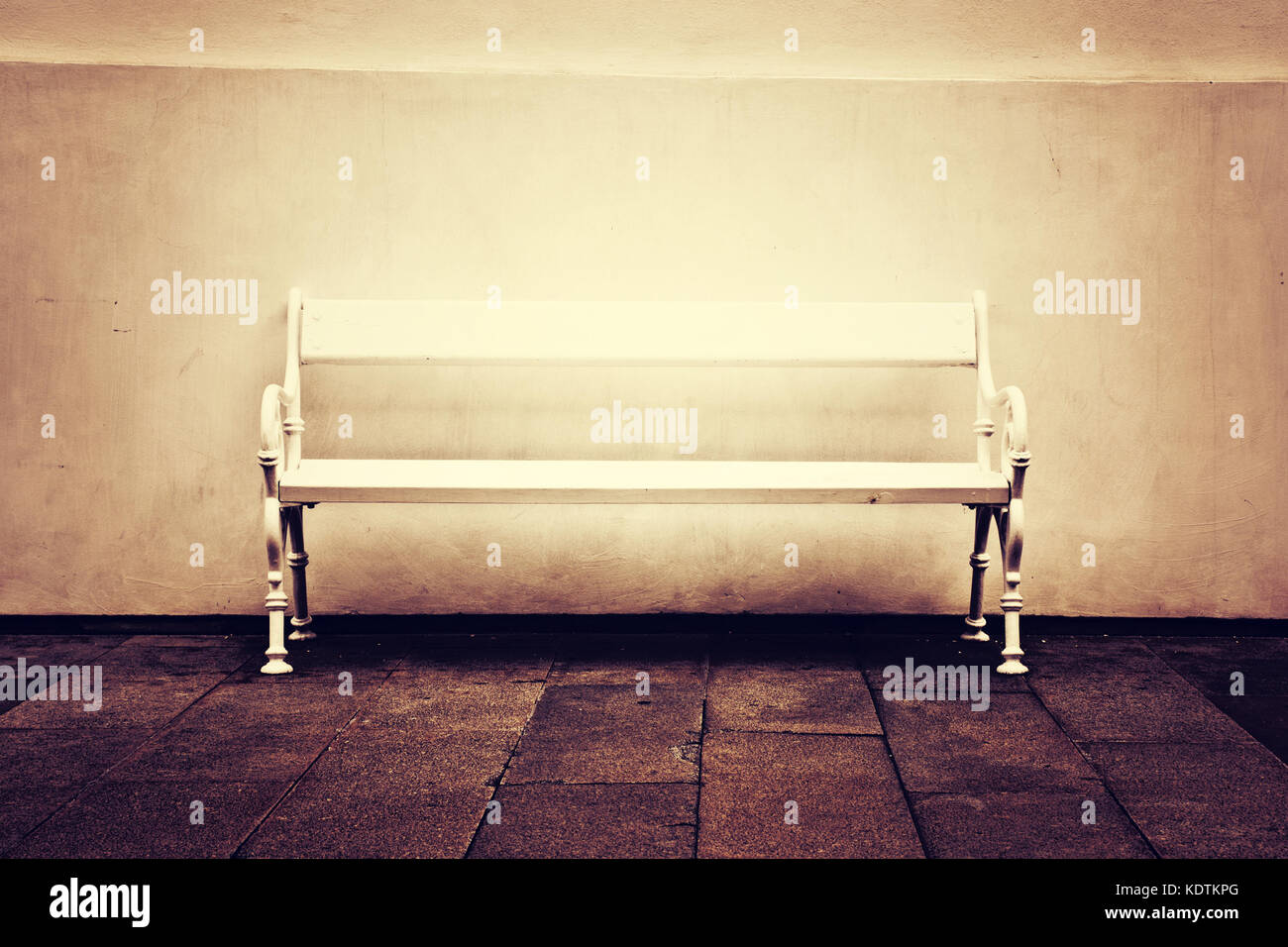 White lonely bench. Vintage retro picture Stock Photo - Alamy
