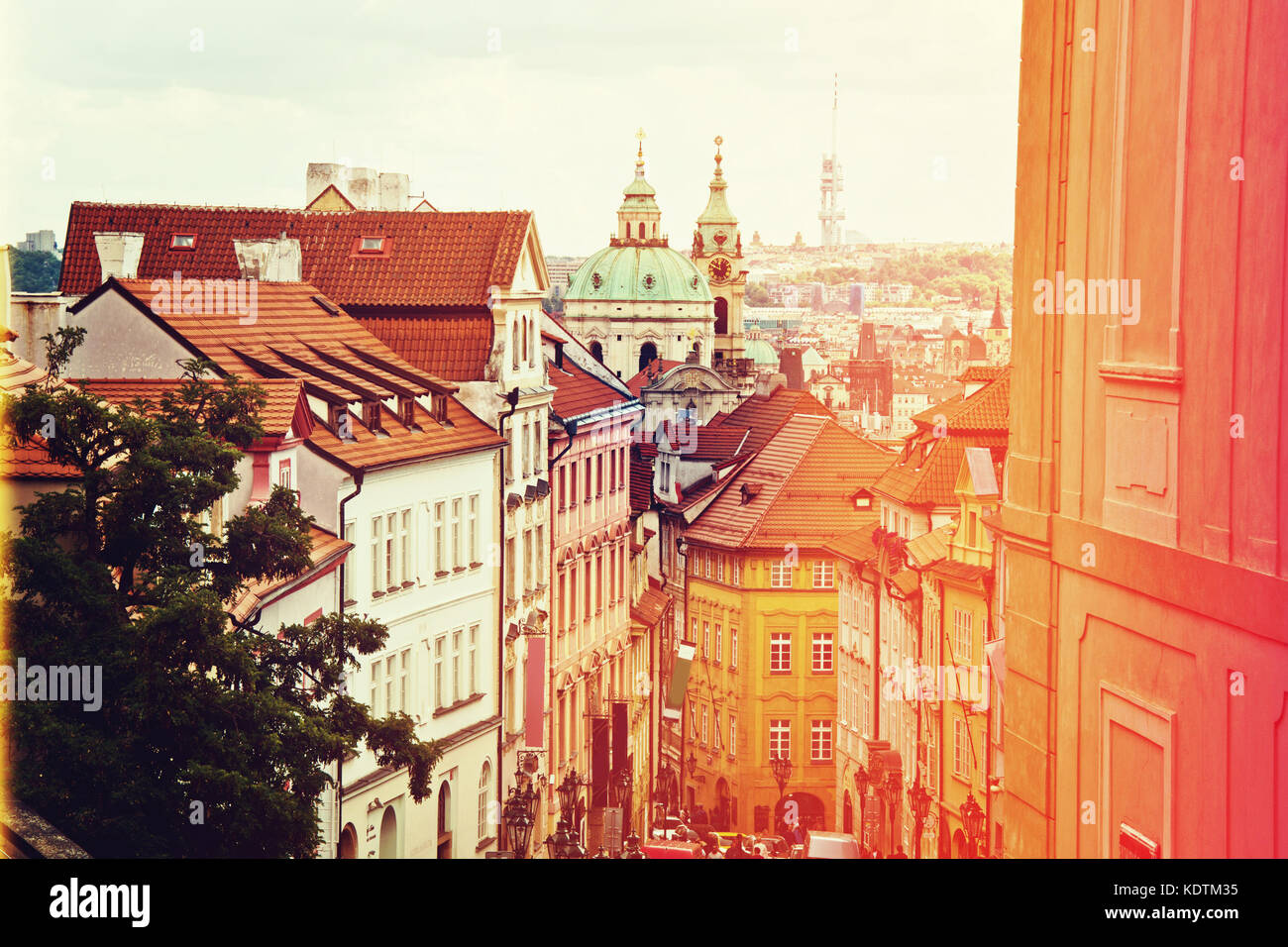 Prague architecture. Buildings and landmarks in retro vintage colors ...