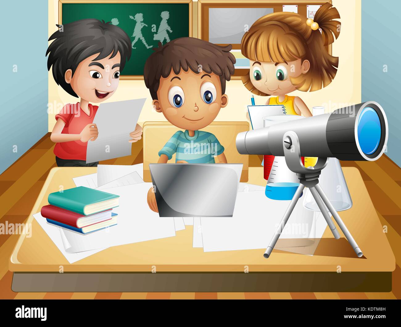 Three kids working in group at school illustration Stock Vector Image ...