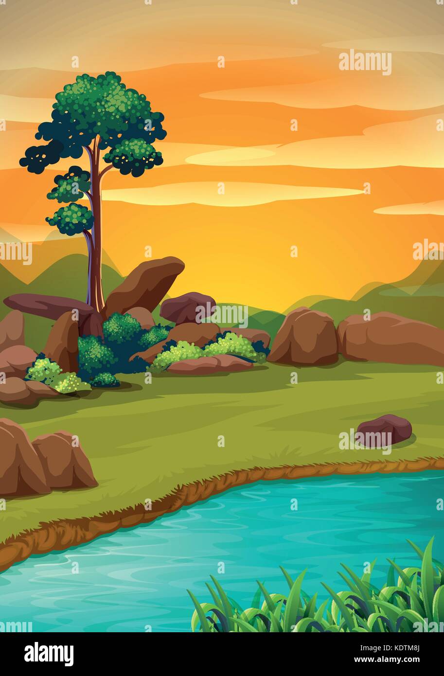 Scene with river at sunset illustration Stock Vector Image & Art - Alamy