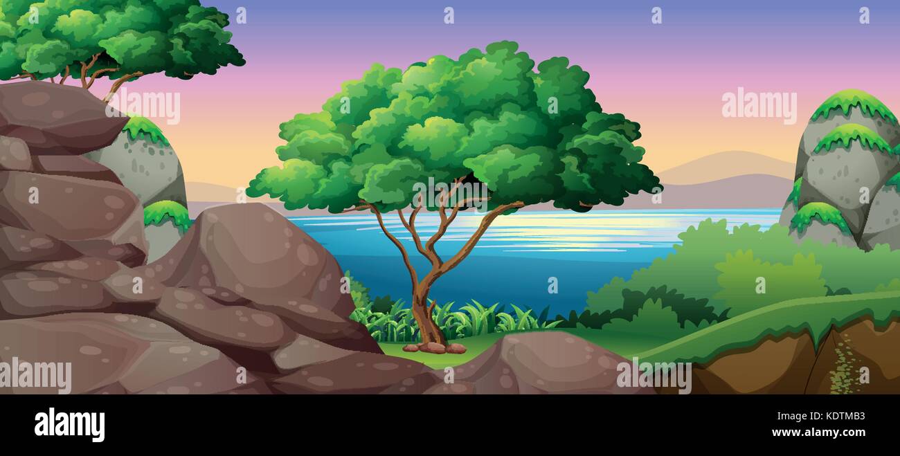 Nature scene with lake and rocks illustration Stock Vector Image & Art ...