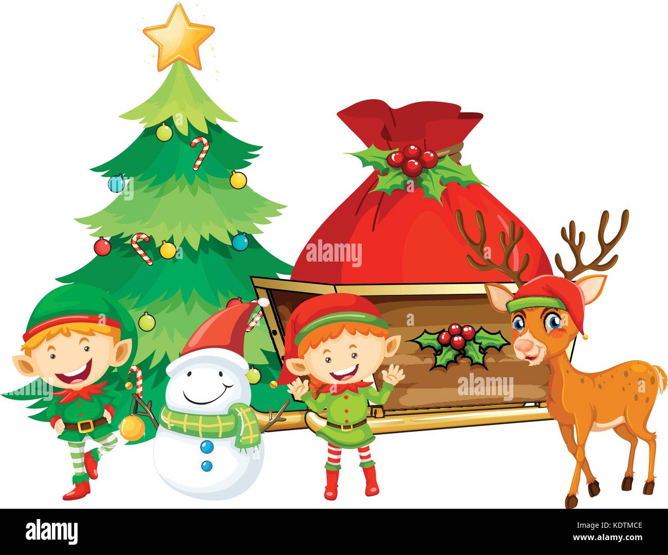 Elves and snowman by the Christmas tree illustration Stock Vector Image ...