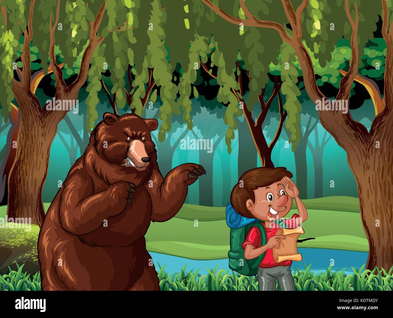 Forest scene with hiker and bear illustration Stock Vector Image & Art ...
