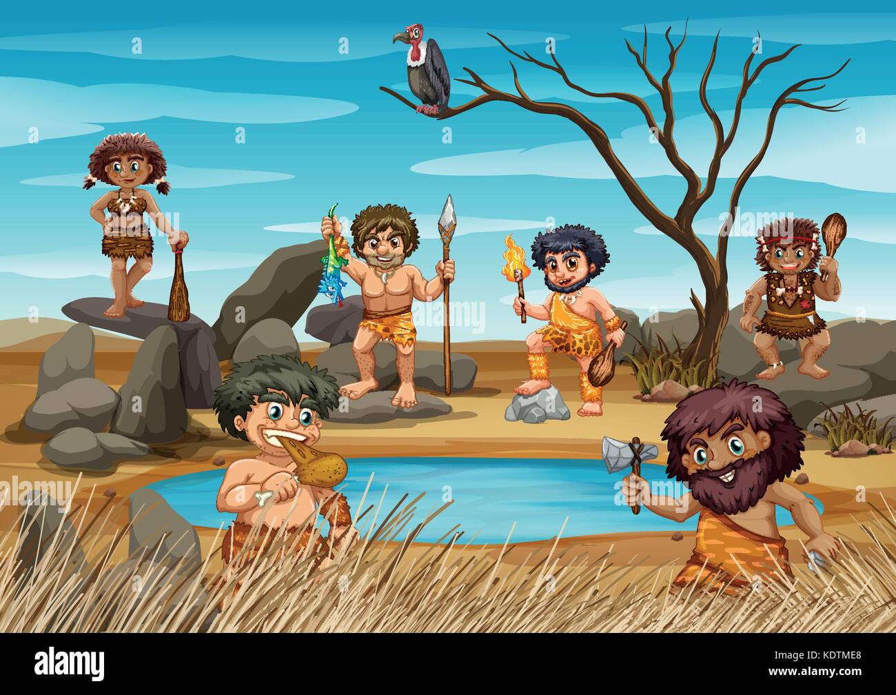 Cavemen living by the pond illustration Stock Vector Image & Art - Alamy