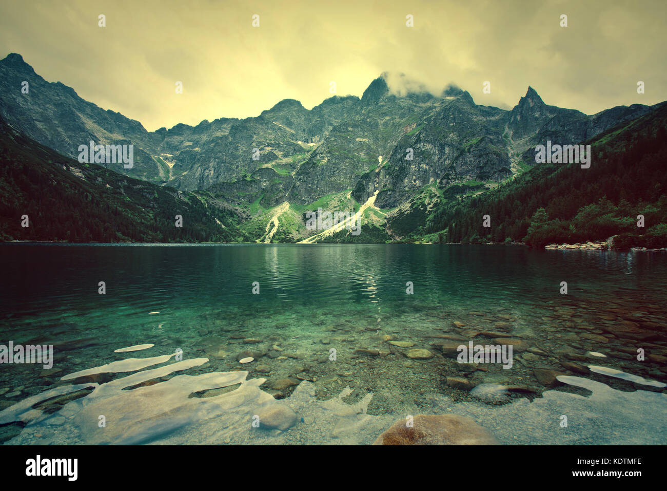 Lake in mountains. Fantasy and colorfull nature landscape. Retro ...