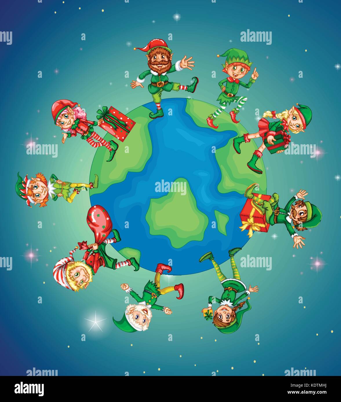 Lots of elves on earth for Christmas night illustration Stock Vector ...