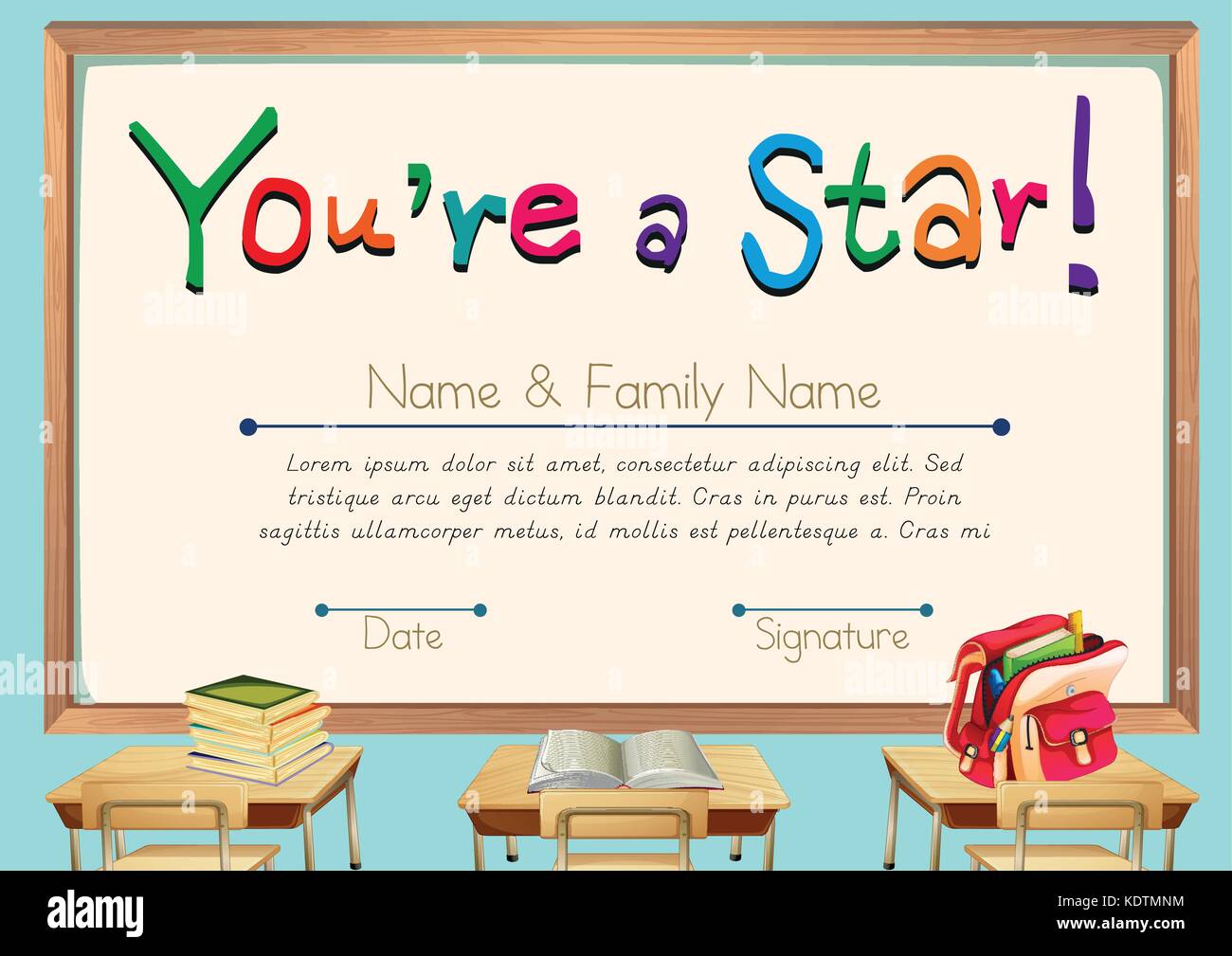 Certificate template with books in classroom background illustration ...