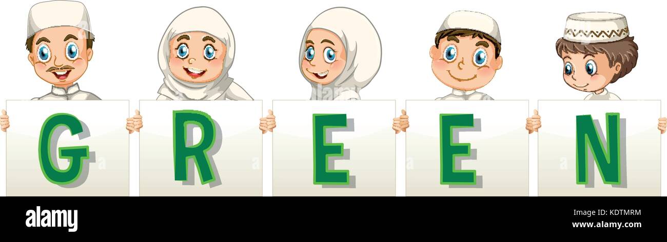 Muslim people holding sign saying green illustration Stock Vector Image ...