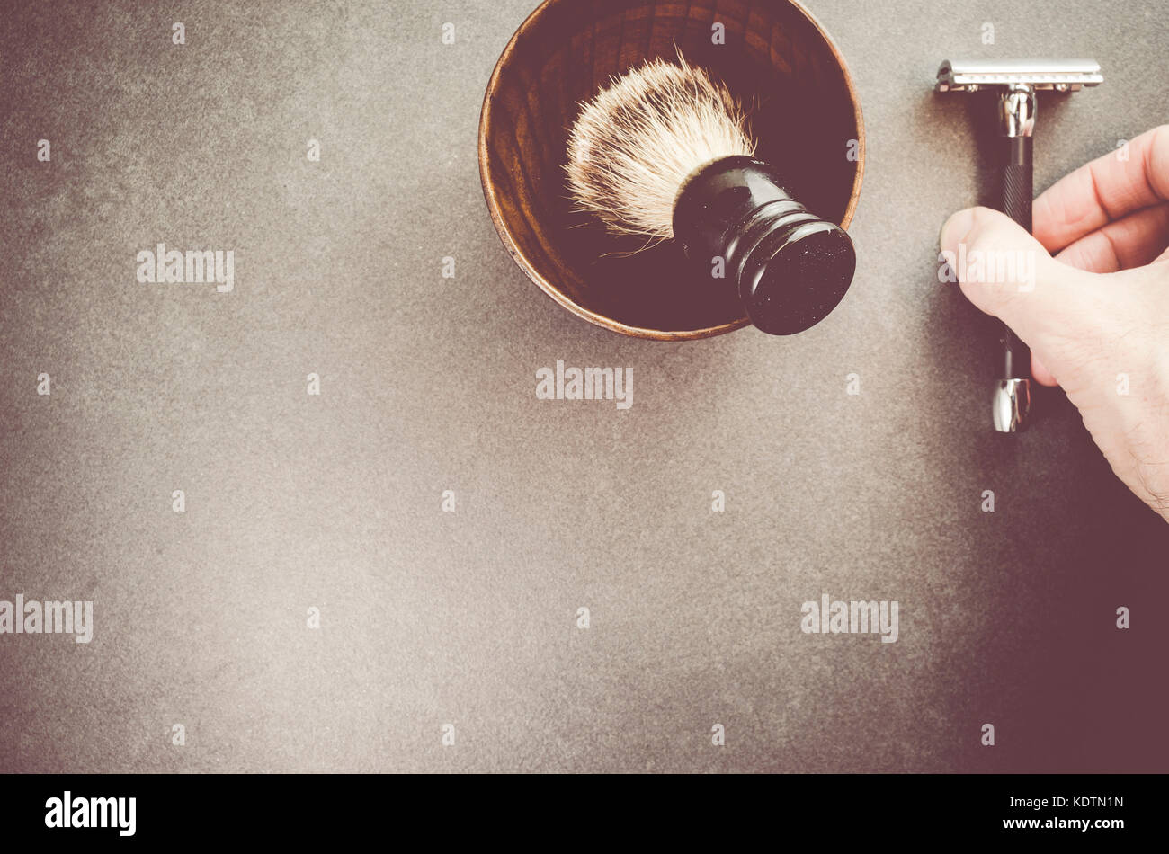 old style shaving tools on a stone surface - top view Stock Photo - Alamy