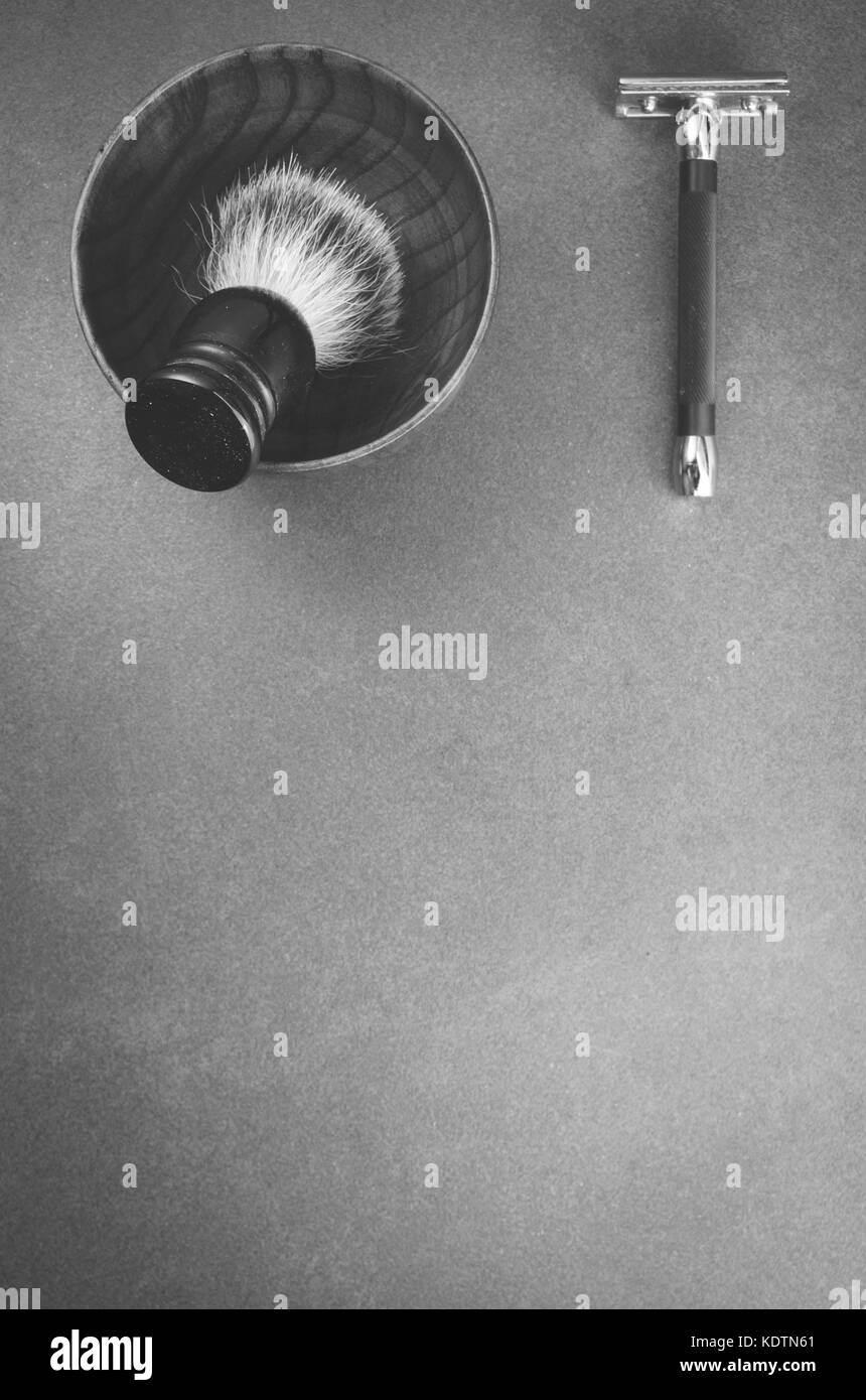old style shaving tools on a stone surface - top view Stock Photo - Alamy