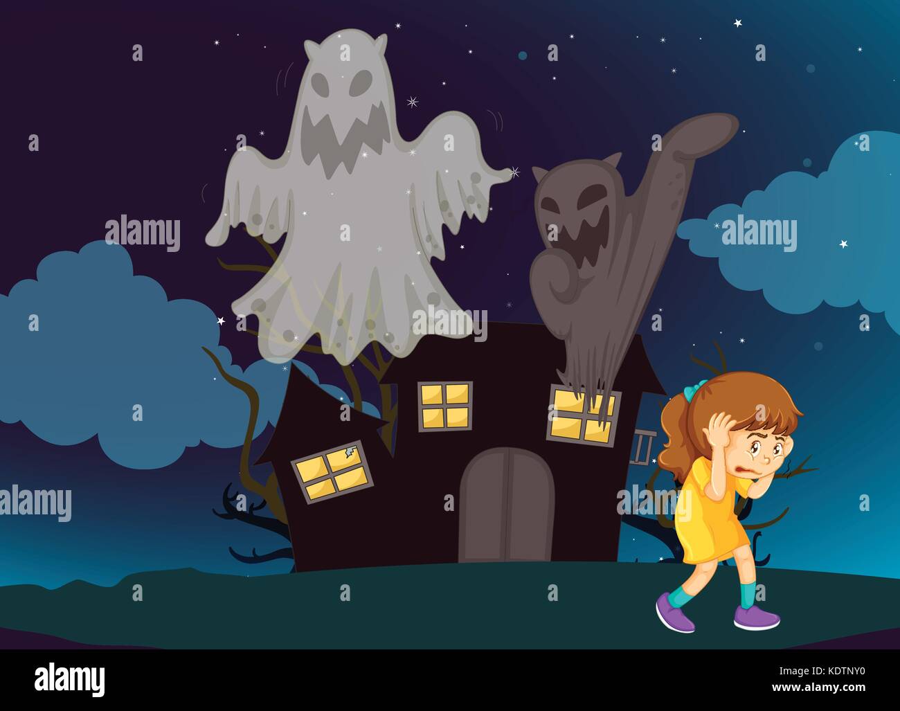 Girl and haunted house at night illustration Stock Vector Image & Art ...