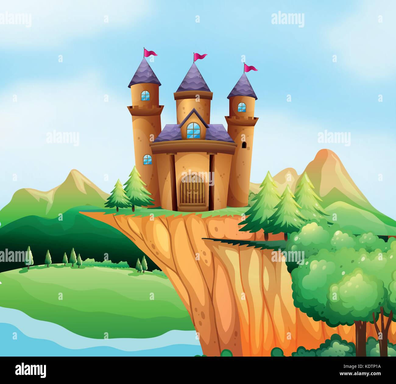 Scene with castle towers on the cliff illustration Stock Vector Image ...