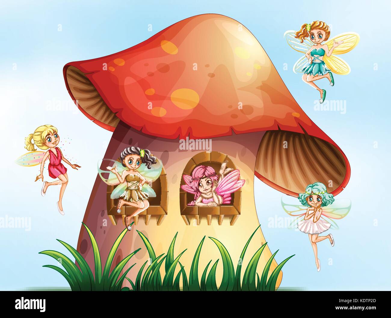 Five fairies flying in mushroom garden illustration Stock Vector Image ...