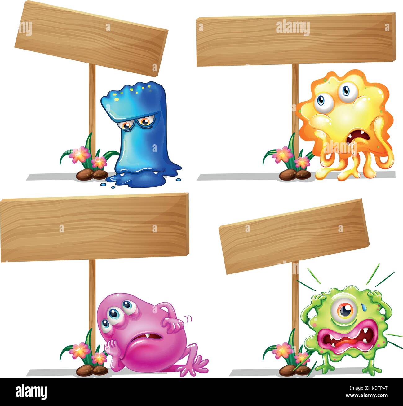 Wooden sign template with cute monsters illustration Stock Vector Image ...