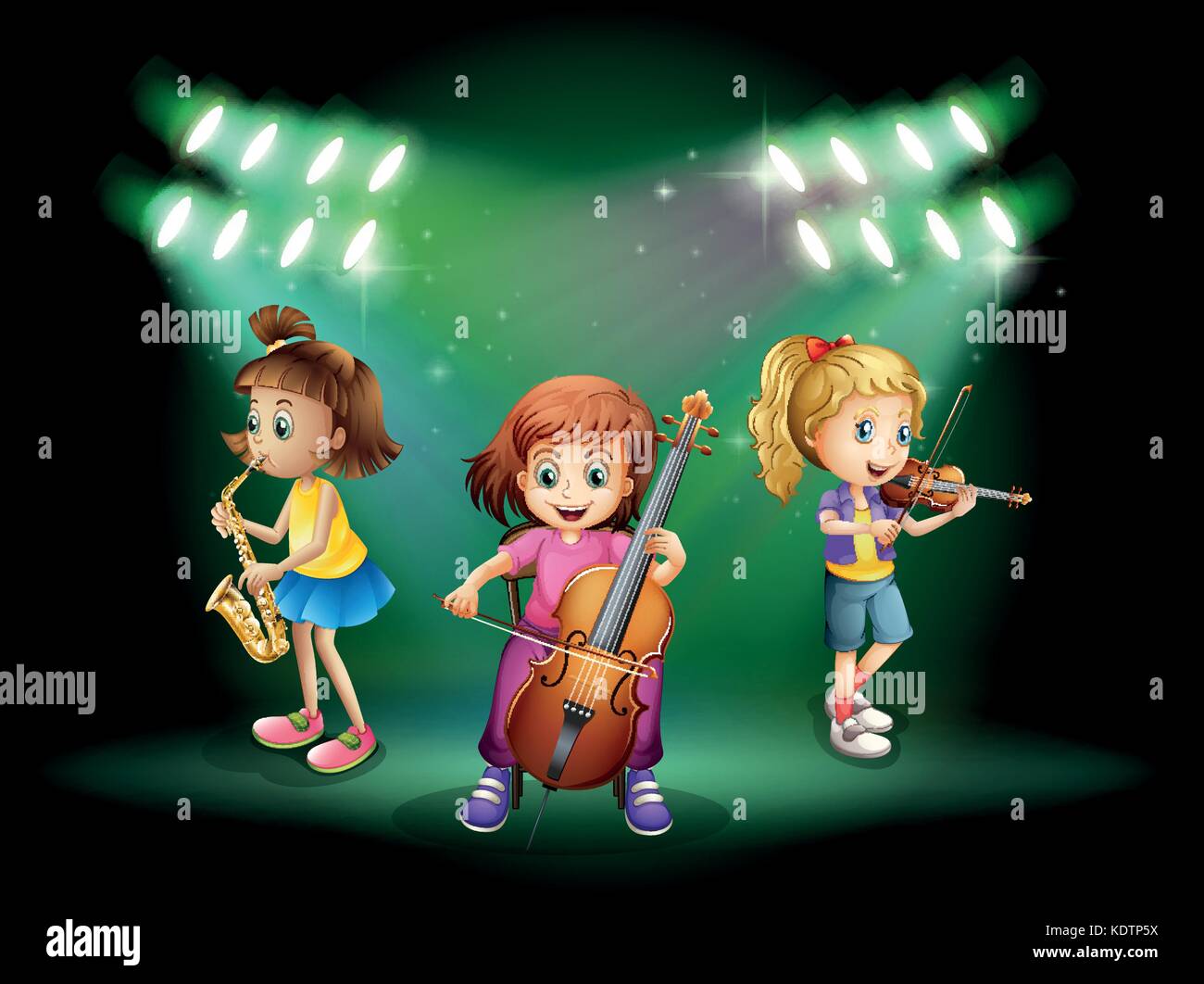 Three girls playing musical instruments on stage illustration Stock ...