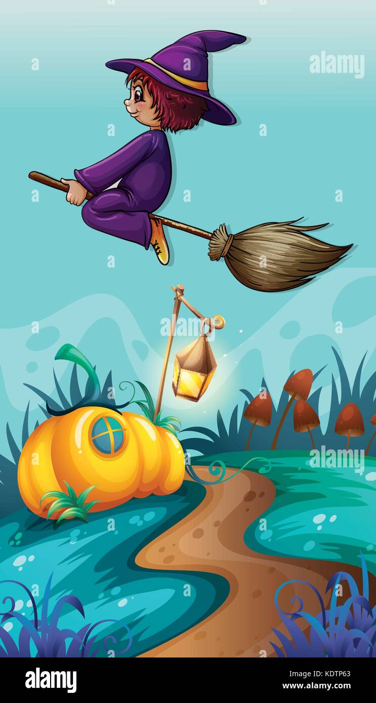 Scene with witch on flying broom illustration Stock Vector Image & Art ...