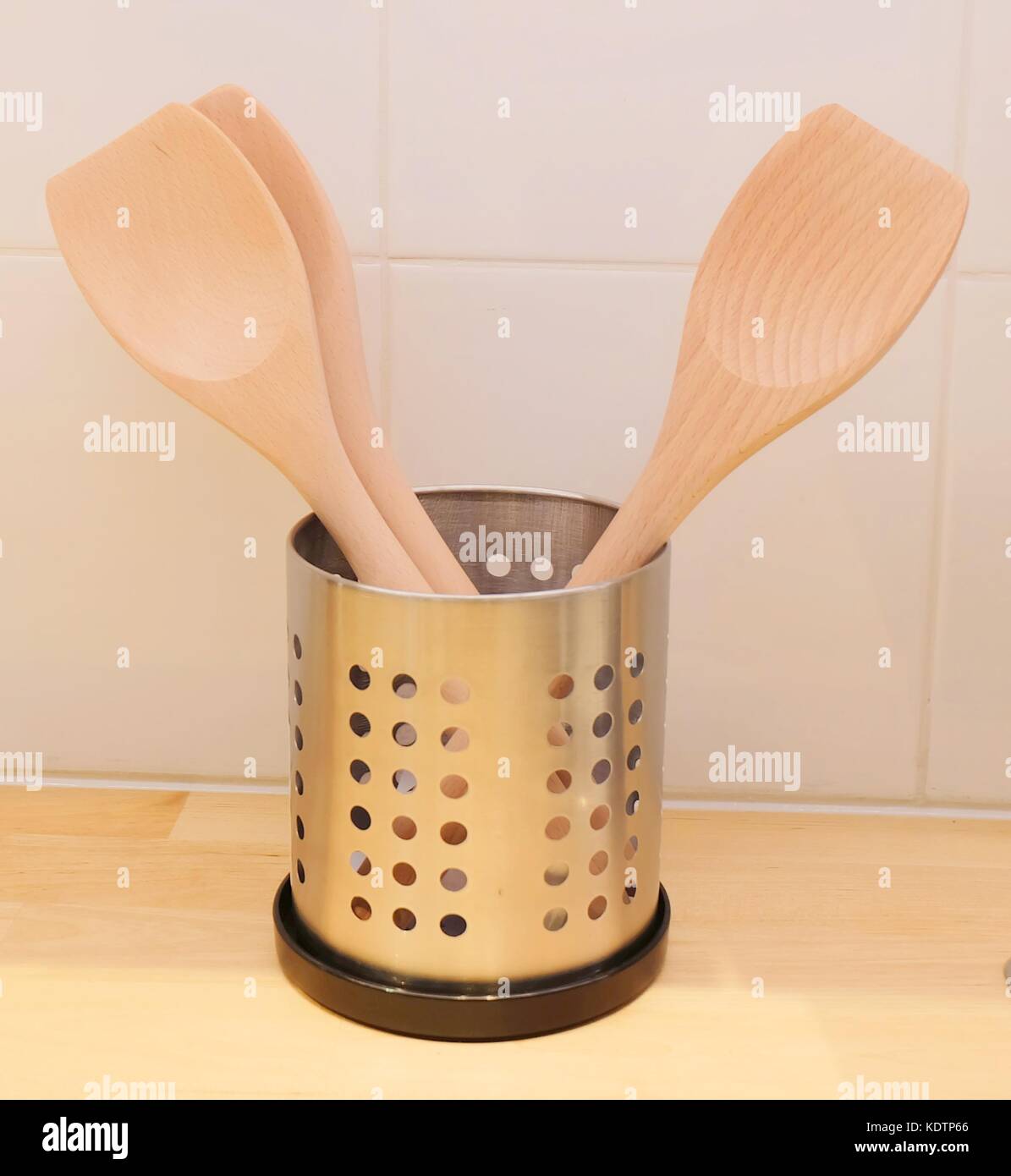 Three Wooden Spatula in Metal Bucket, Kitchen Utensil for Mixing ...