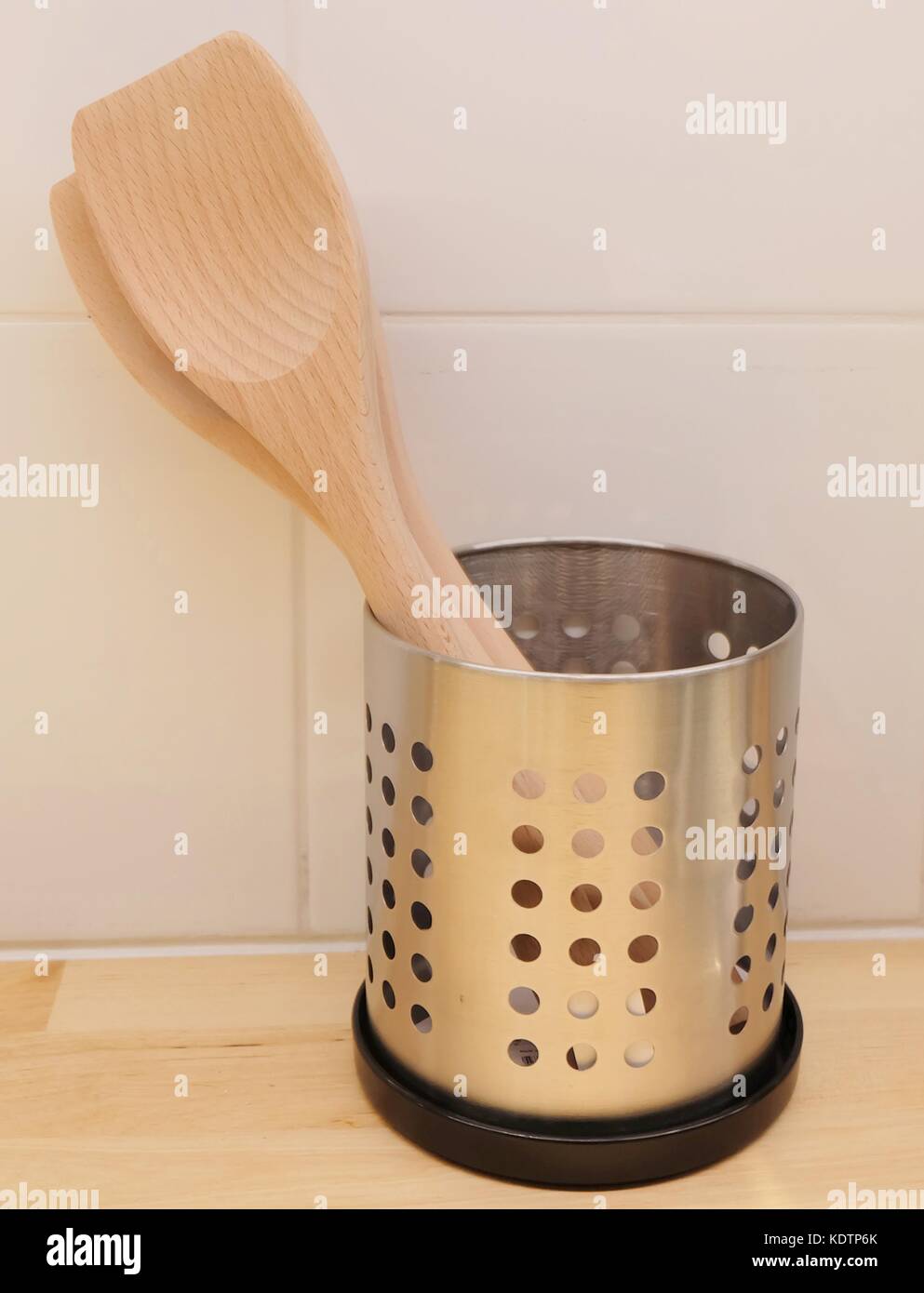 Two Wooden Spatula in Metal Bucket, Kitchen Utensil for Mixing ...