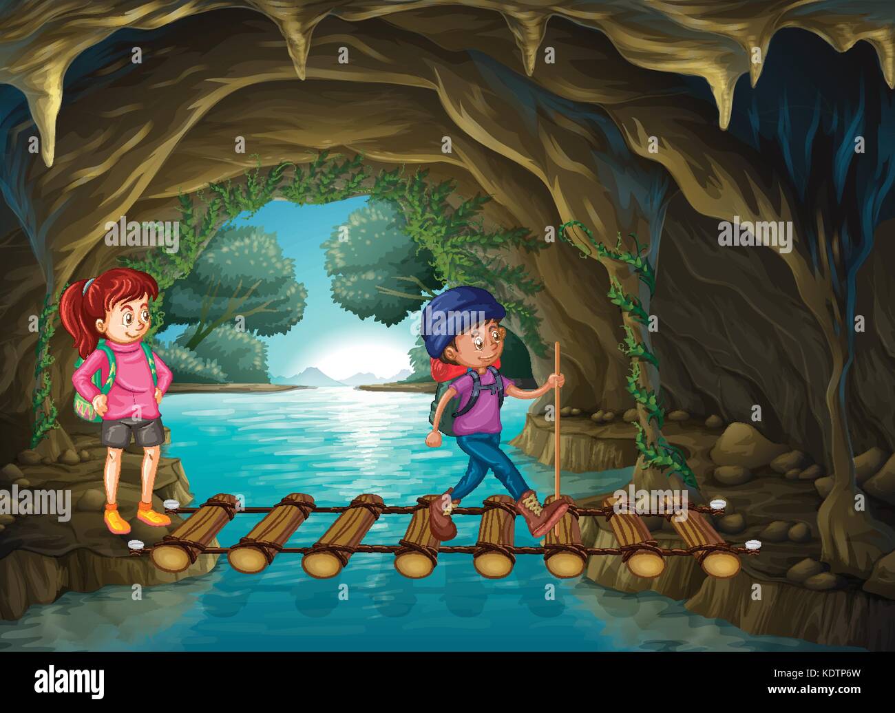 Two tourists walking in the cave illustration Stock Vector Image & Art ...