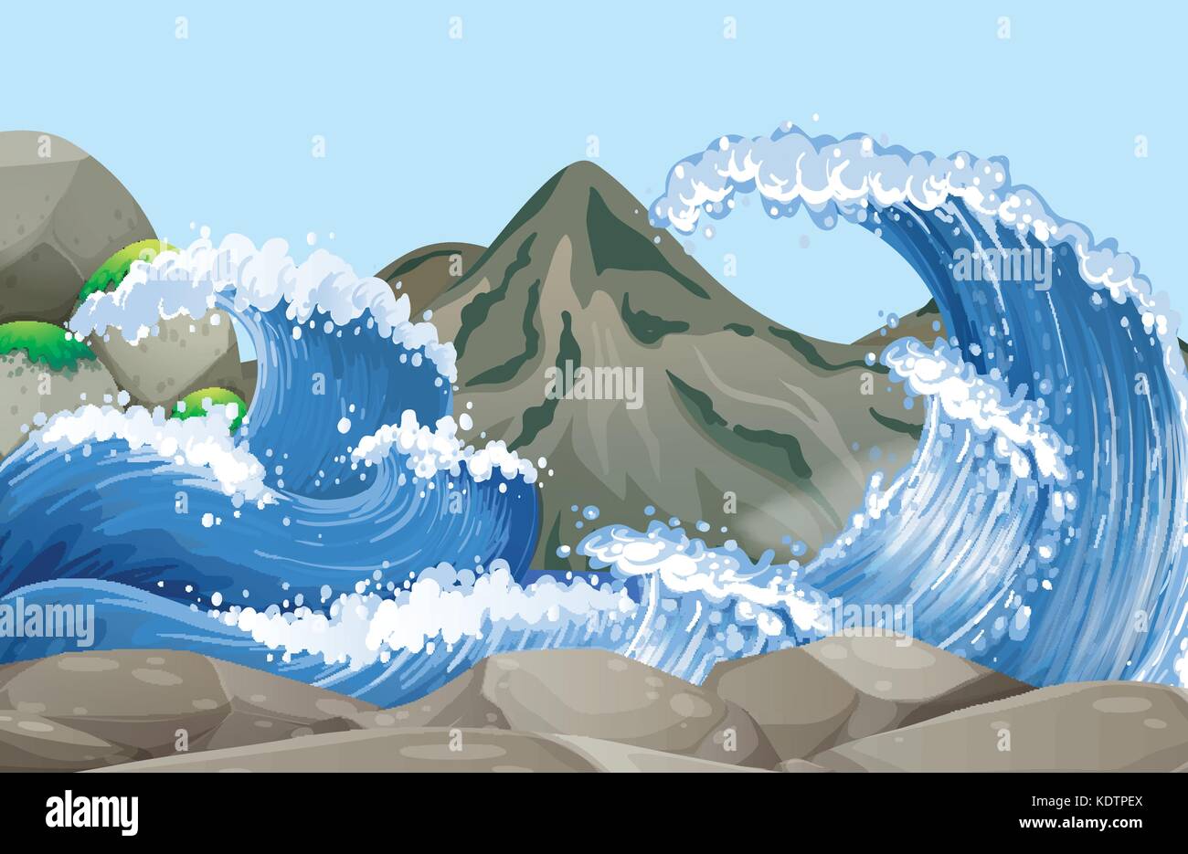 Ocean scene with big waves on the rocks illustration Stock Vector Image ...