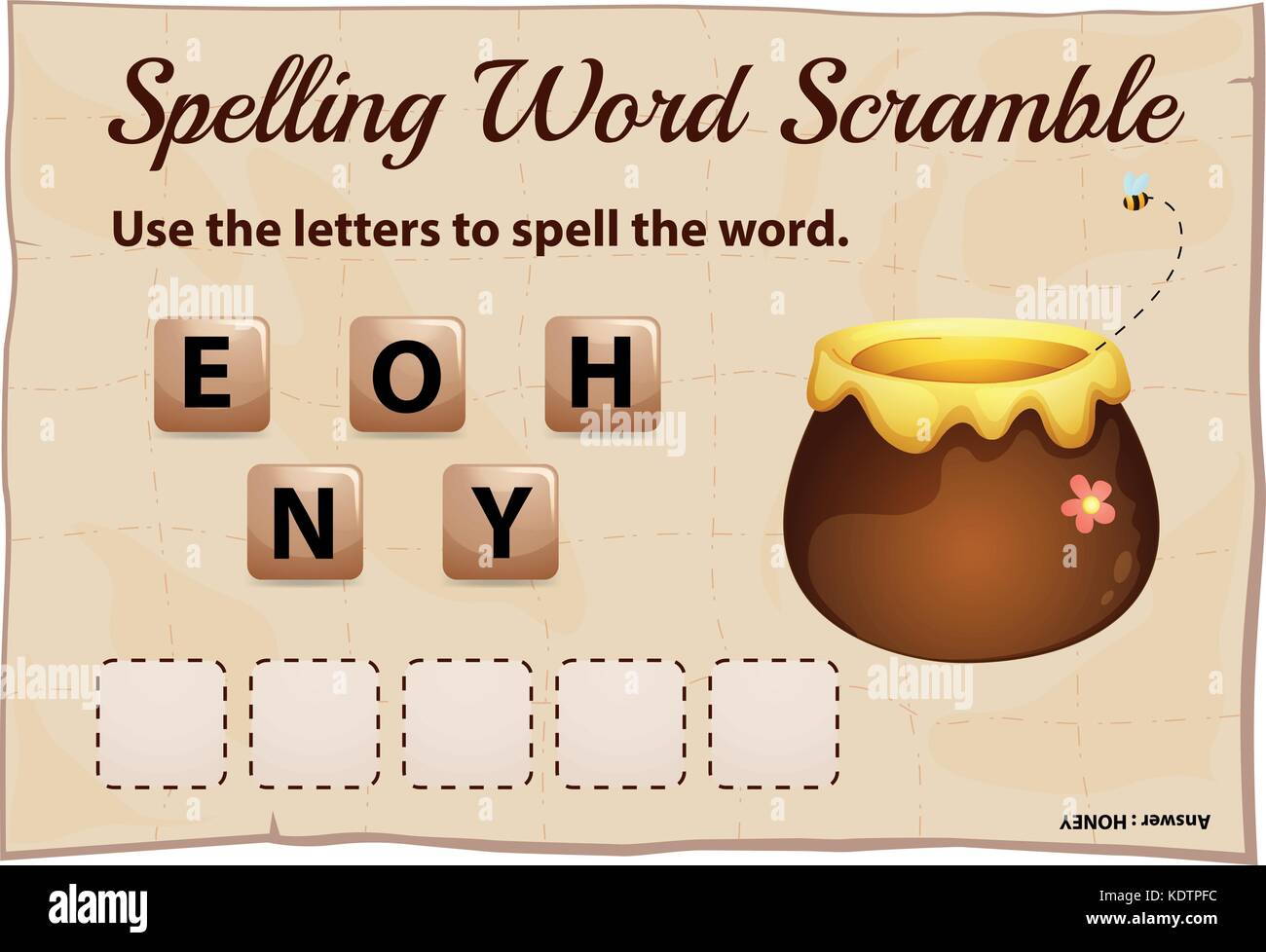 Spelling word scramble game template with word honey illustration Stock ...