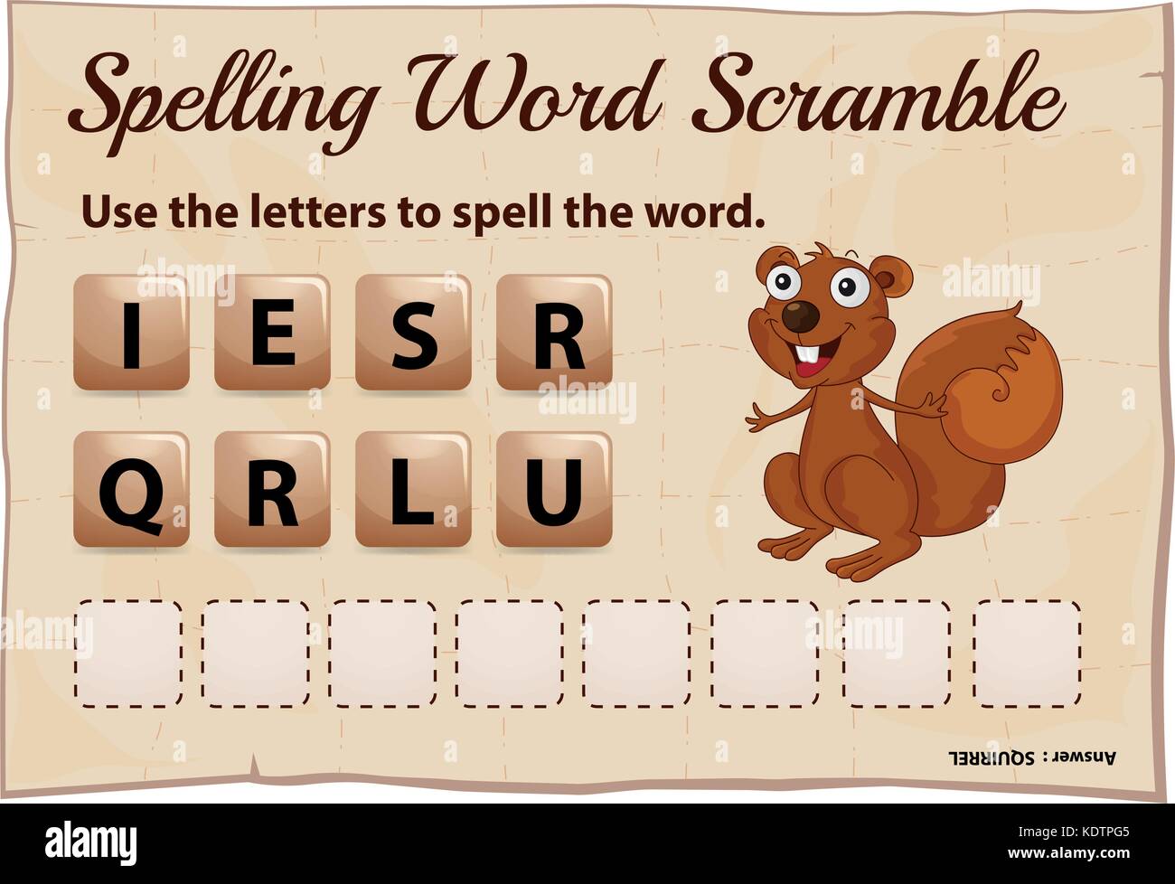 Spelling word scramble game template with word squirrel illustration ...