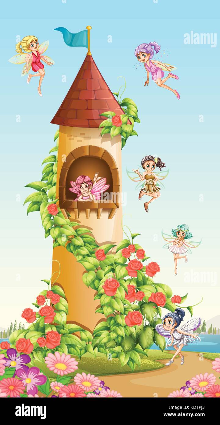 Fairies flying around tower illustration Stock Vector Image & Art - Alamy