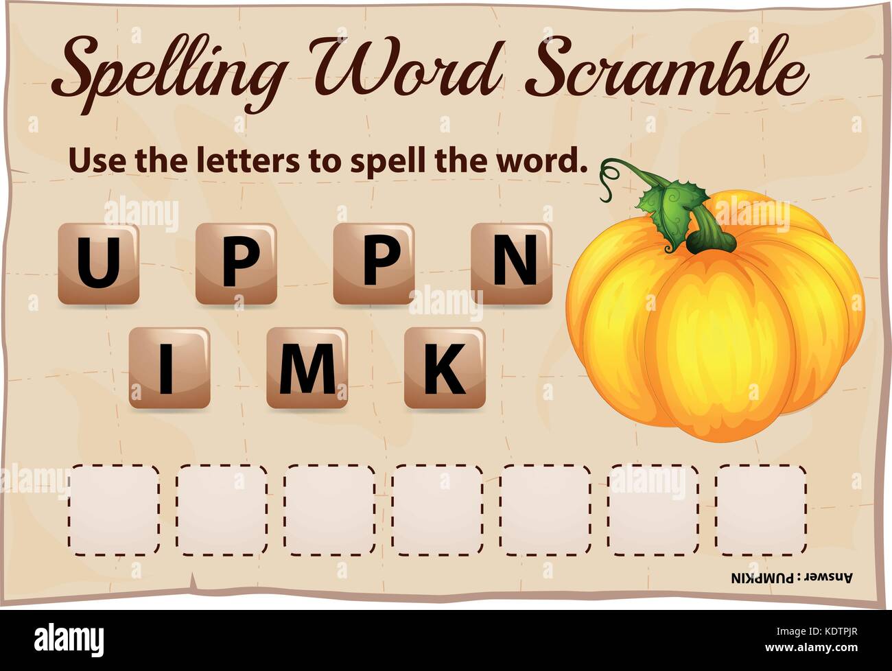 Spelling word scramble template with word pumpkin illustration Stock ...
