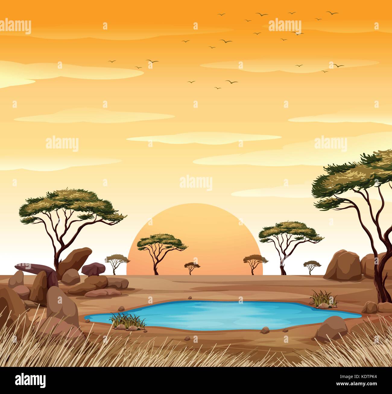 Scene with water hole in the field illustration Stock Vector Image ...