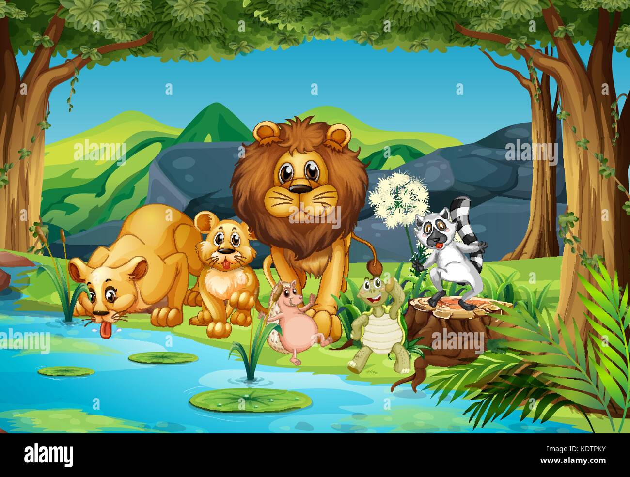 Wild animals living by the river illustration Stock Vector Image & Art ...