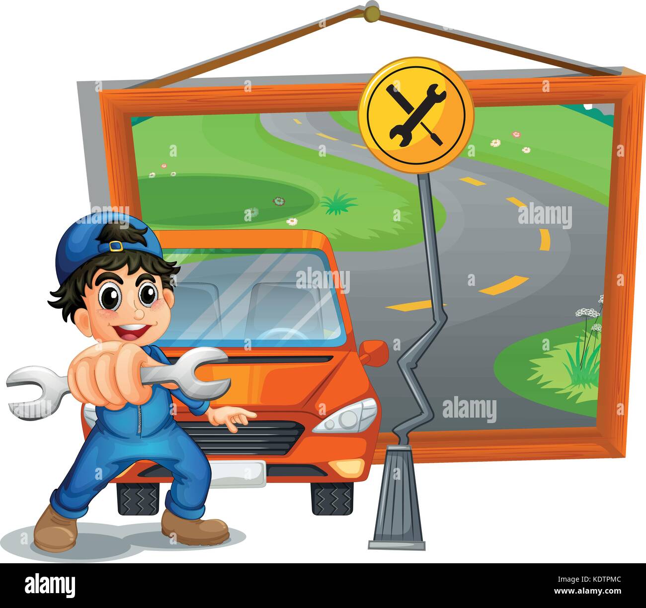 Mechanic fixing car on the road illustration Stock Vector Image & Art ...
