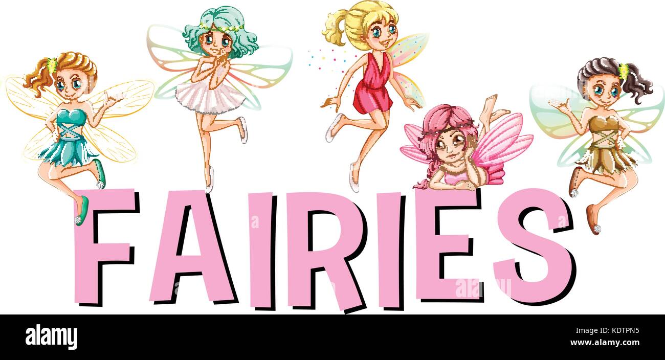 Five fairies flying over the word illustration Stock Vector Image & Art ...