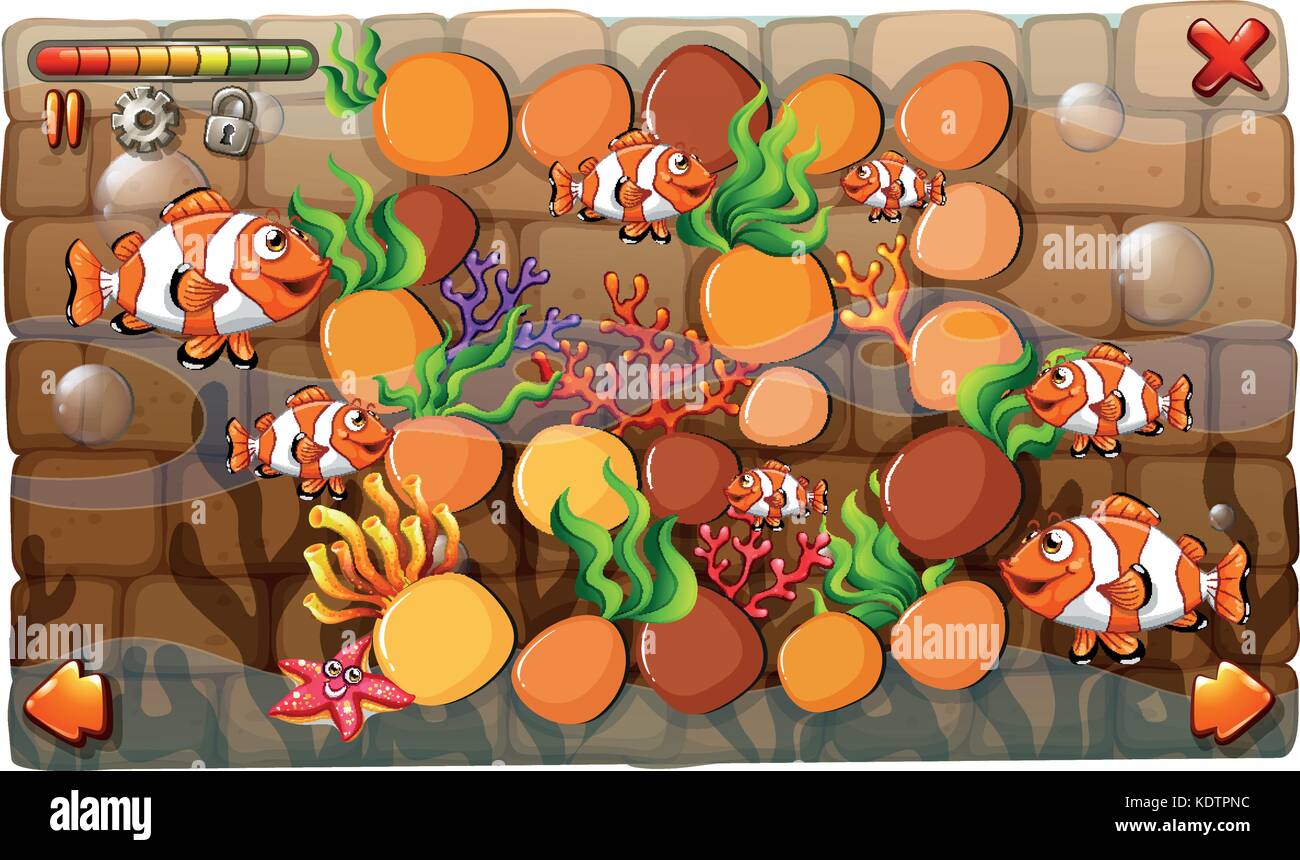 Game template with clownfish swimming in background illustration Stock ...