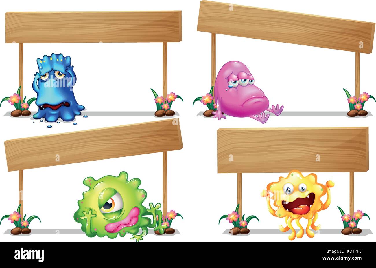 Wooden sign template with cute monsters illustration Stock Vector Image ...