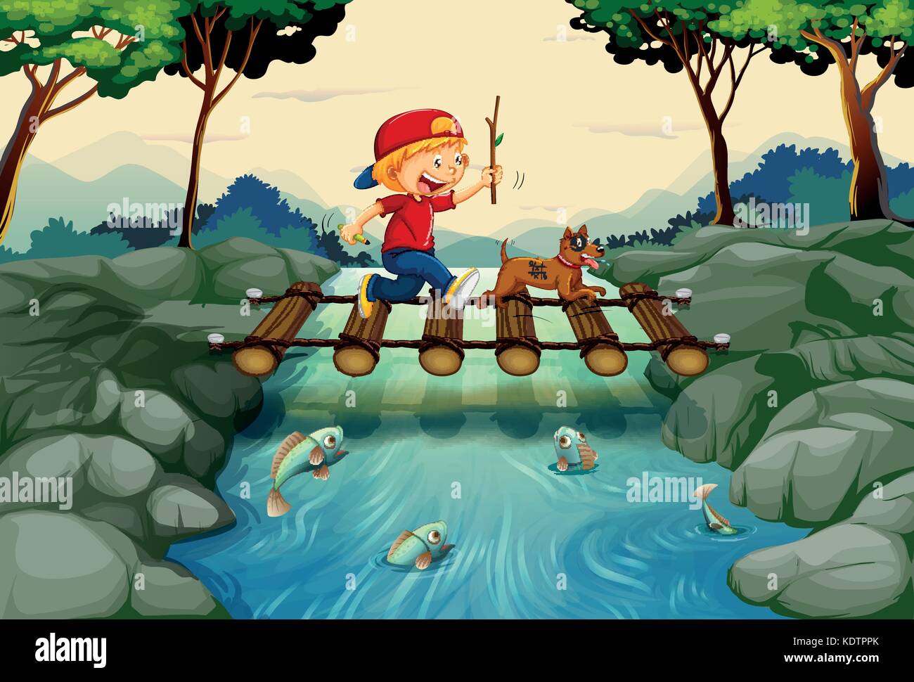 Boy and dog crossing the bridge illustration Stock Vector Image & Art ...