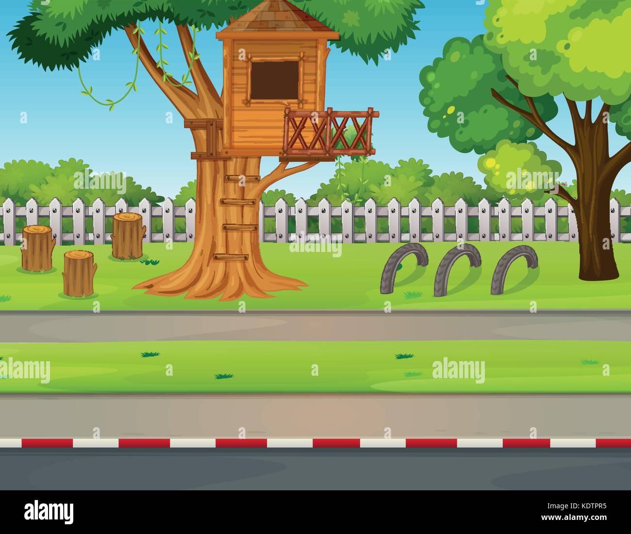 Park scene with treehouse along the road illustration Stock Vector ...