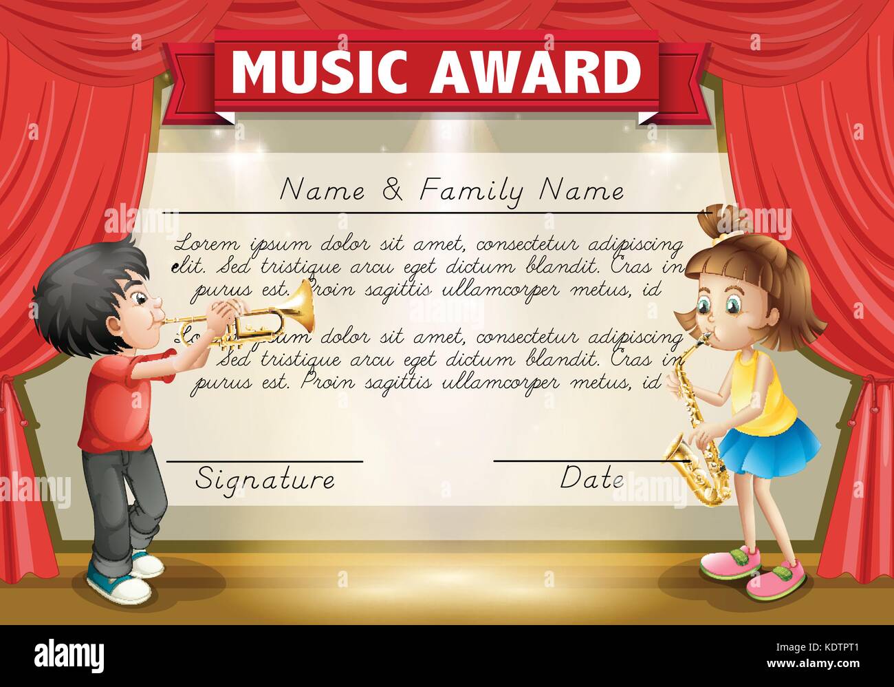 Certificate template with kids playing music on stage illustration ...