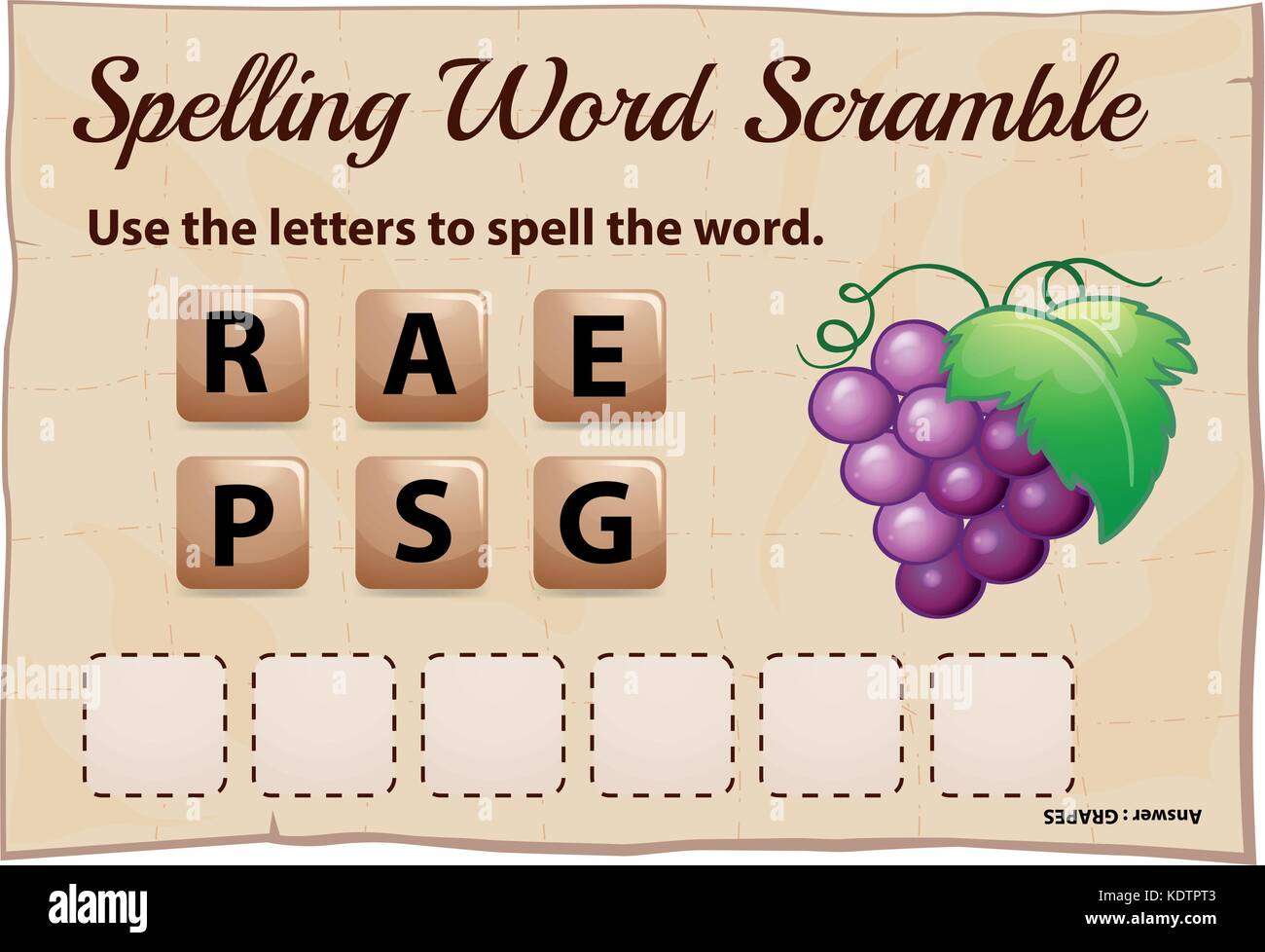 Spelling word scramble game template with word grapes illustration ...