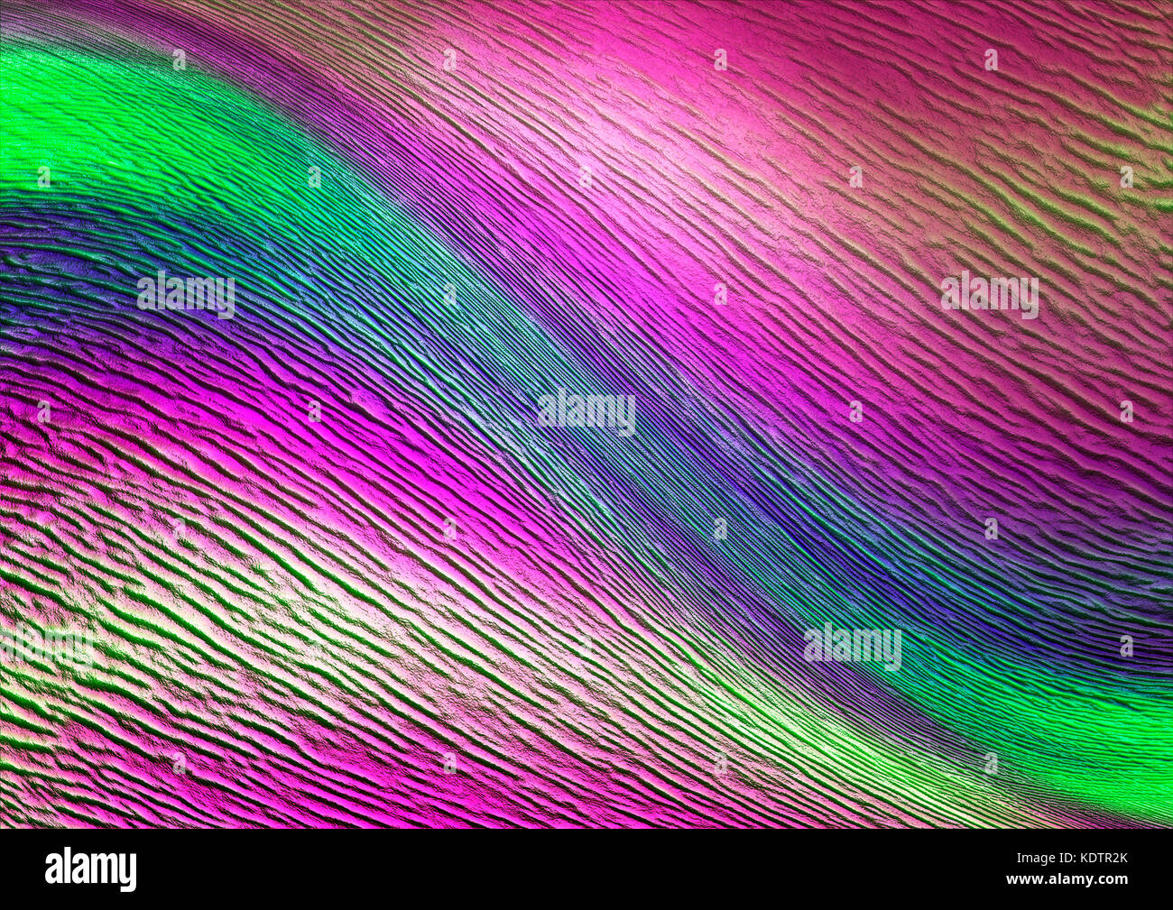 Rainbow wavy fluted purple background covered inflowing green and blue ...