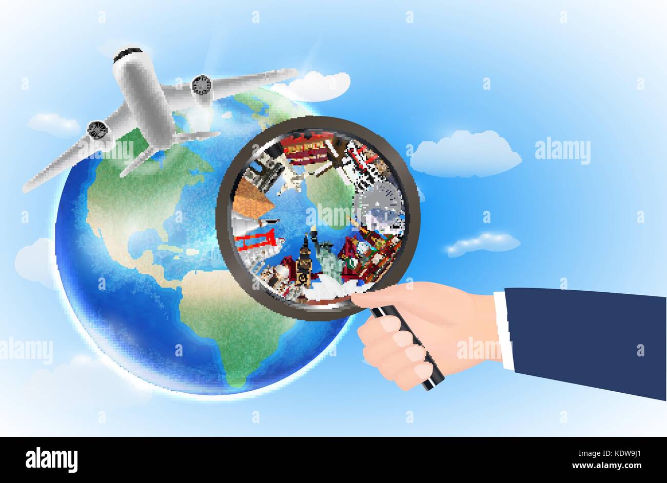 world landmark in magnifying glass with airplane Stock Vector Image ...